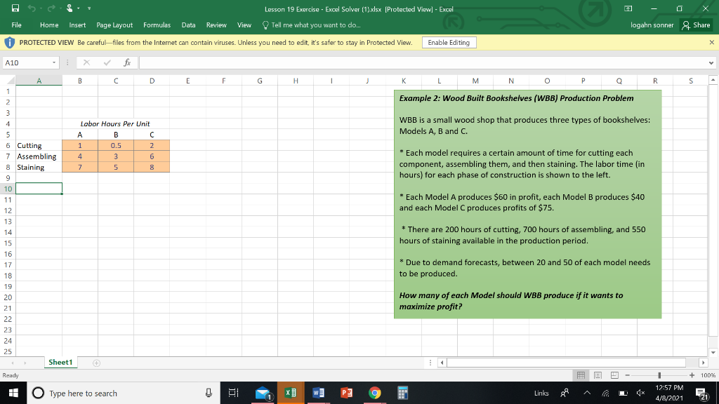 Solved Lesson 19 Exercise - Excel Solver (1).xlsx (Protected | Chegg.com