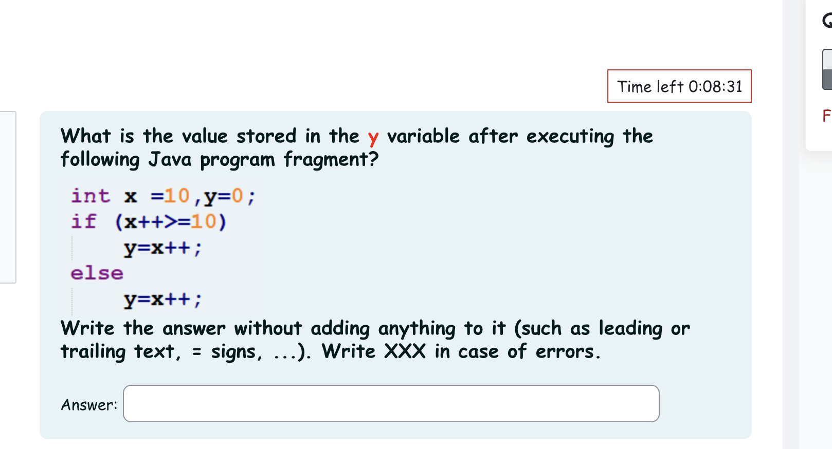 Solved Time left 0:08:31What is the value stored in the y | Chegg.com