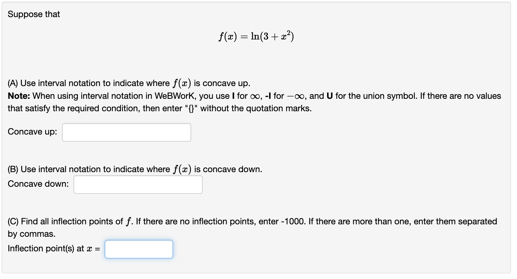 Solved Suppose that f(x)=ln(3+x2) (A) Use interval notation | Chegg.com