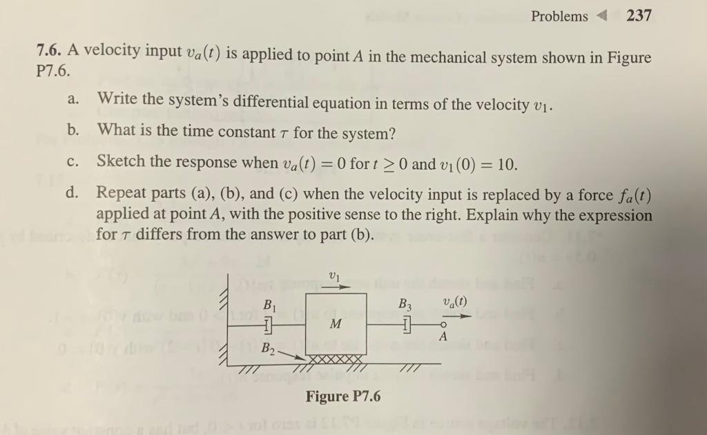 Solved Problems 237 a. 7.6. A velocity input valt) is | Chegg.com