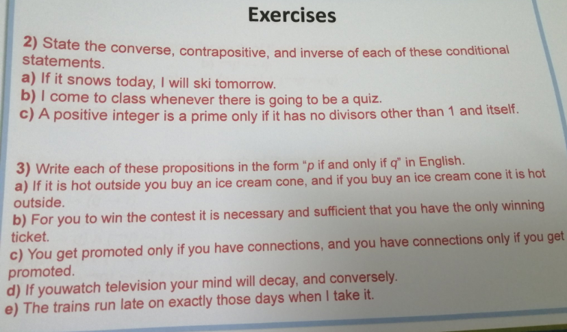 Solved Exercises 2) State the converse, contrapositive, and | Chegg.com