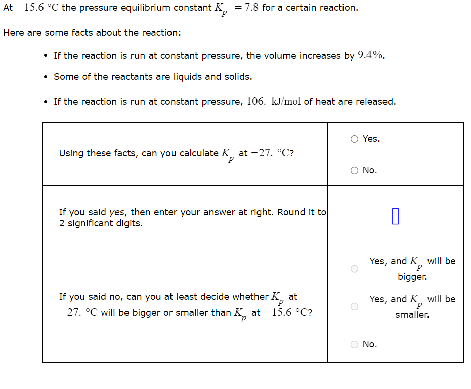 Solved At -15.6°C ﻿the pressure equilibrium constant Kp=7.8 | Chegg.com