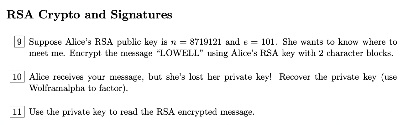 Solved RSA Crypto and Signatures Suppose Alice's RSA public | Chegg.com