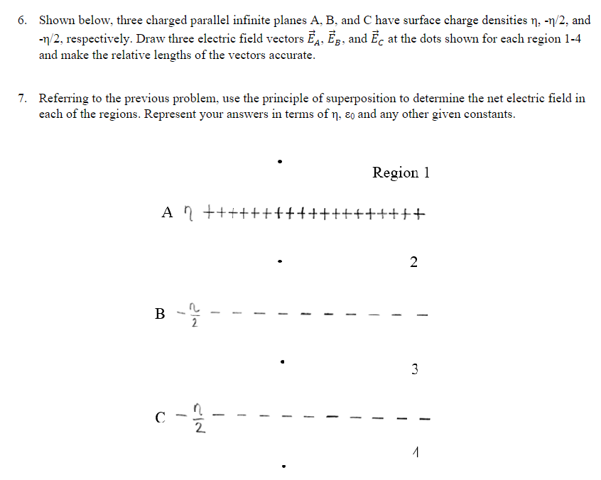 Solved 6. Shown below, three charged parallel infinite | Chegg.com