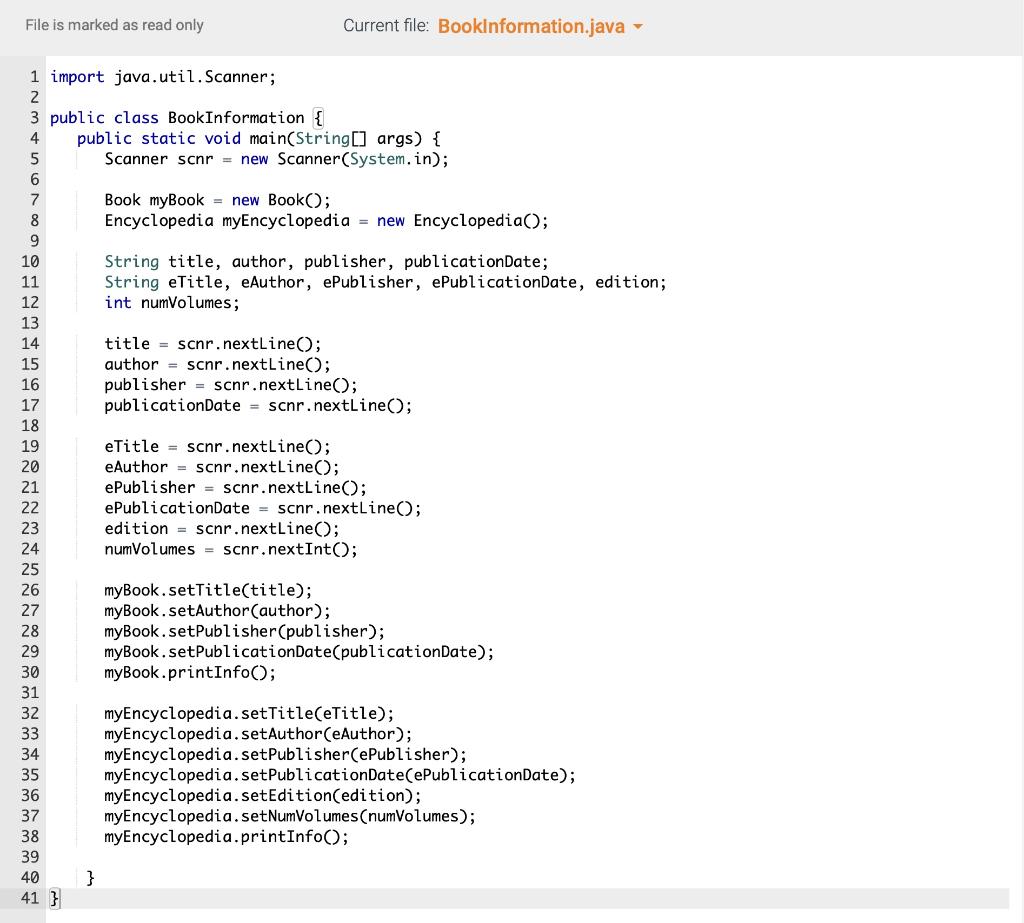 Solved JAVA 10.17 LAB: Book information (overriding member | Chegg.com