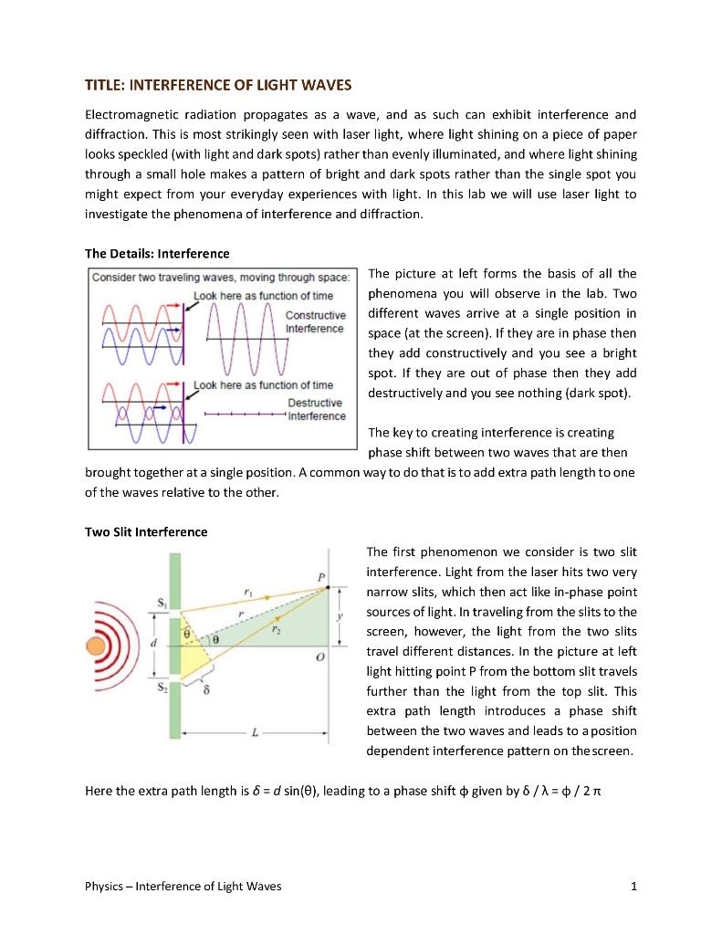 TITLE: INTERFERENCE OF LIGHT WAVES Electromagnetic | Chegg.com