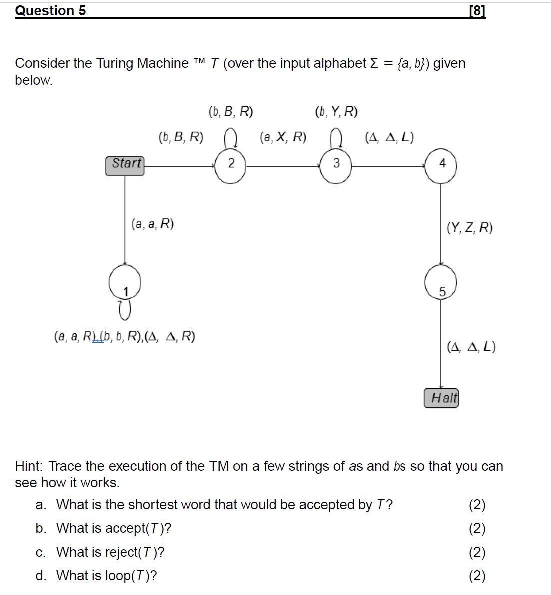 Consider the Turing Machine ?TMT (over the input | Chegg.com