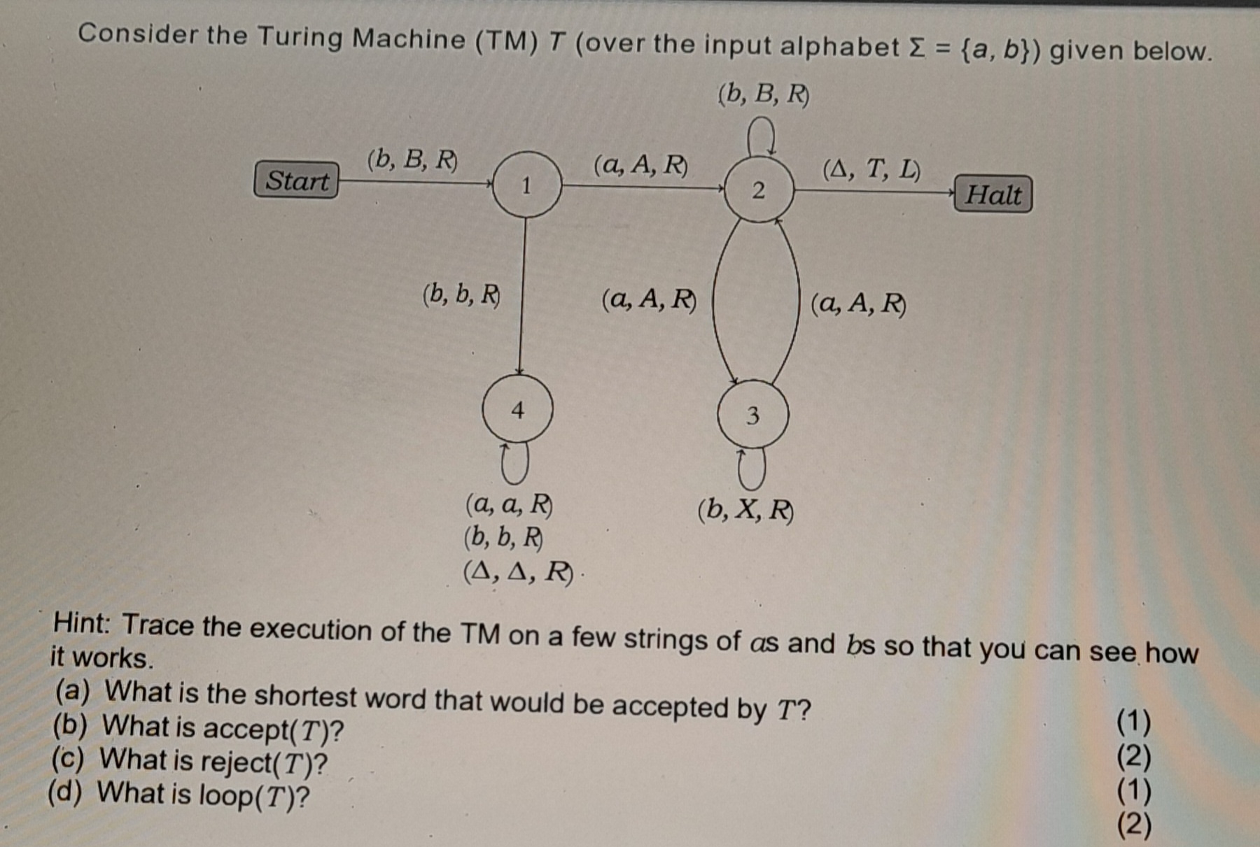 Solved Consider the Turing Machine (TM) T (over the input | Chegg.com