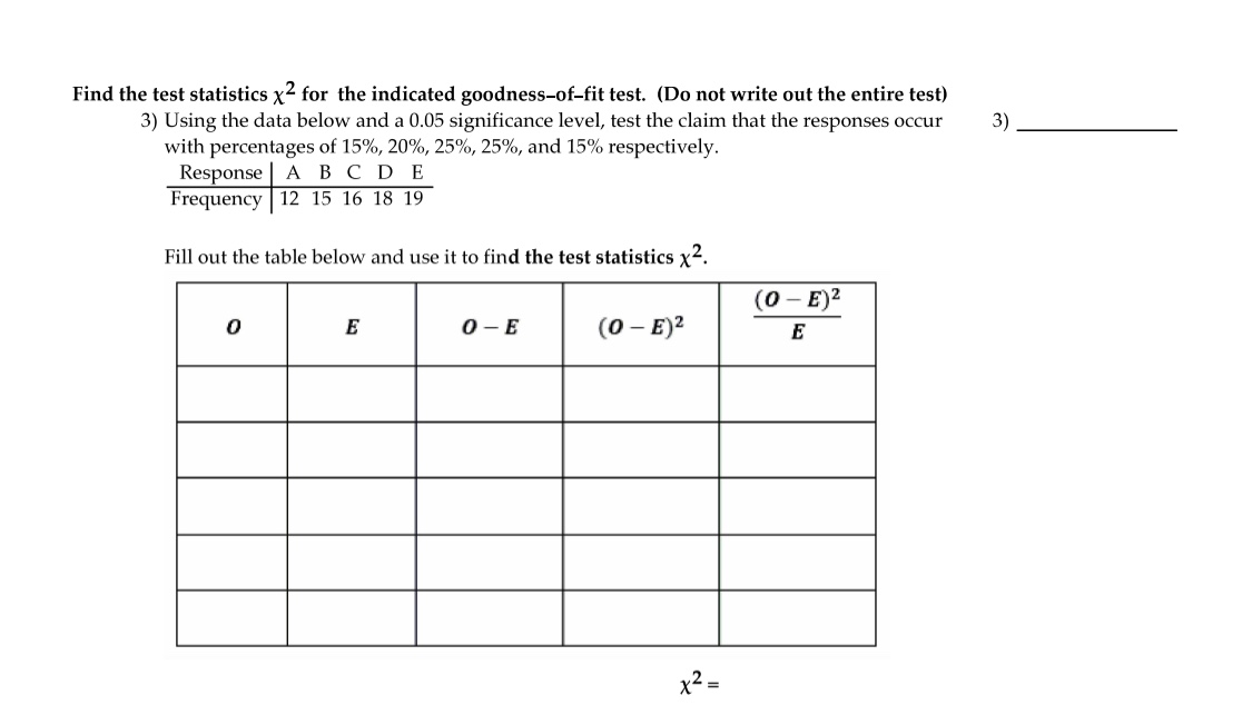 Solved 3) Find the test statistics x2 for the indicated | Chegg.com