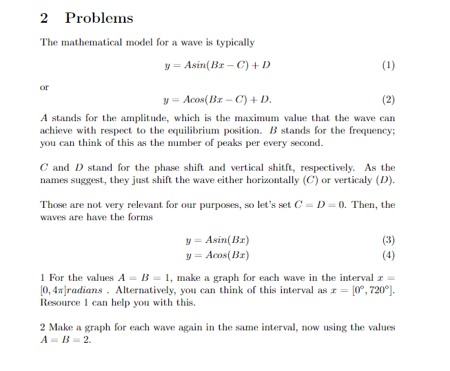 Solved 2 Problems The mathematical model for a wave is | Chegg.com