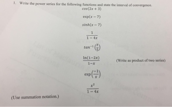 Solved 1. Write the power series for the following functions | Chegg.com
