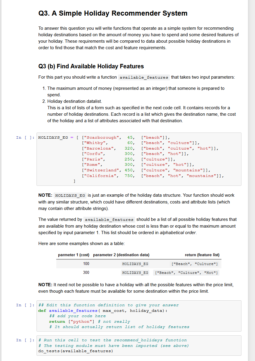 Solved Q3. A Simple Holiday Recommender System To answer | Chegg.com