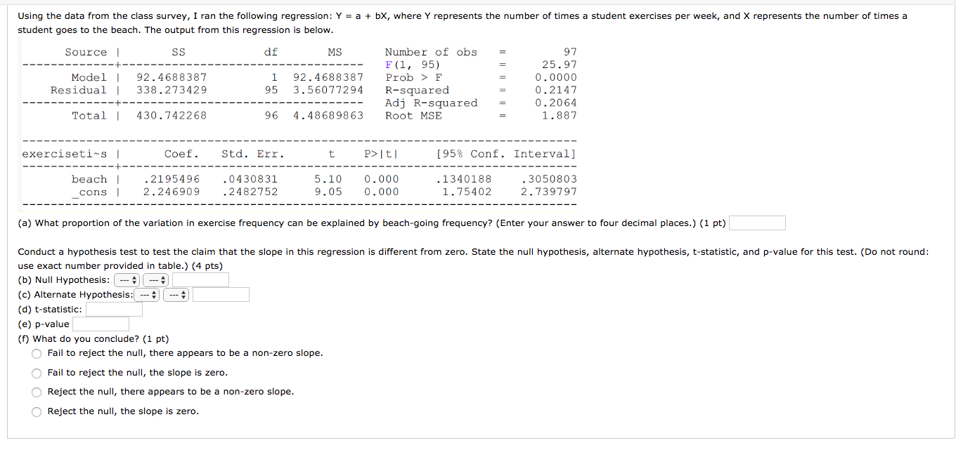 Solved Using the data from the class survey, I ran the | Chegg.com