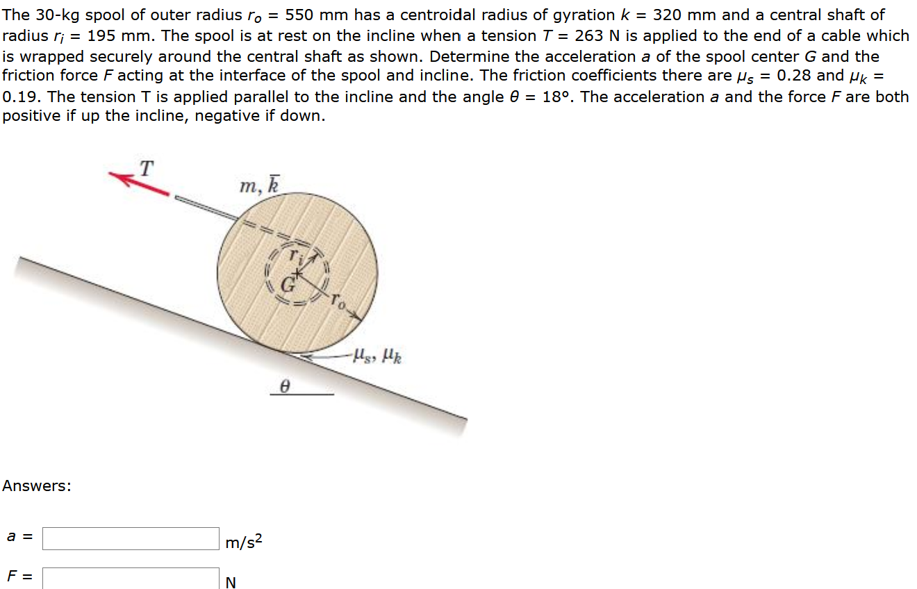 Solved The 30-kg spool of outer radius ro = 550 mm has a | Chegg.com