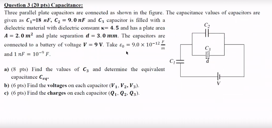 Solved = Question 3 (20 pts) Capacitance: Three parallel | Chegg.com
