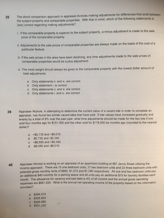 Solved 38 The Direct Comparison Approach In Appraisal 