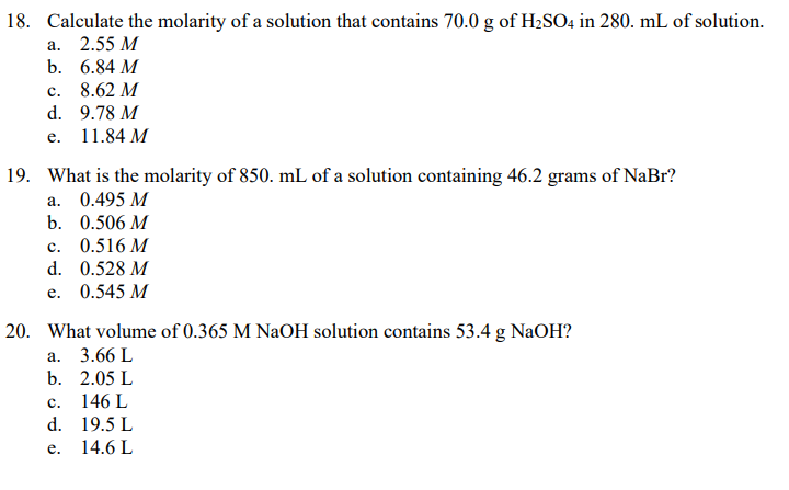 Solved 18. Calculate the molarity of a solution that | Chegg.com