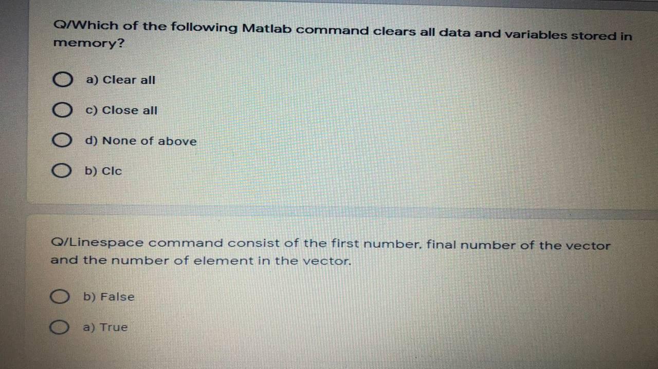 Solved Q/Which of the following Matlab command clears all | Chegg.com