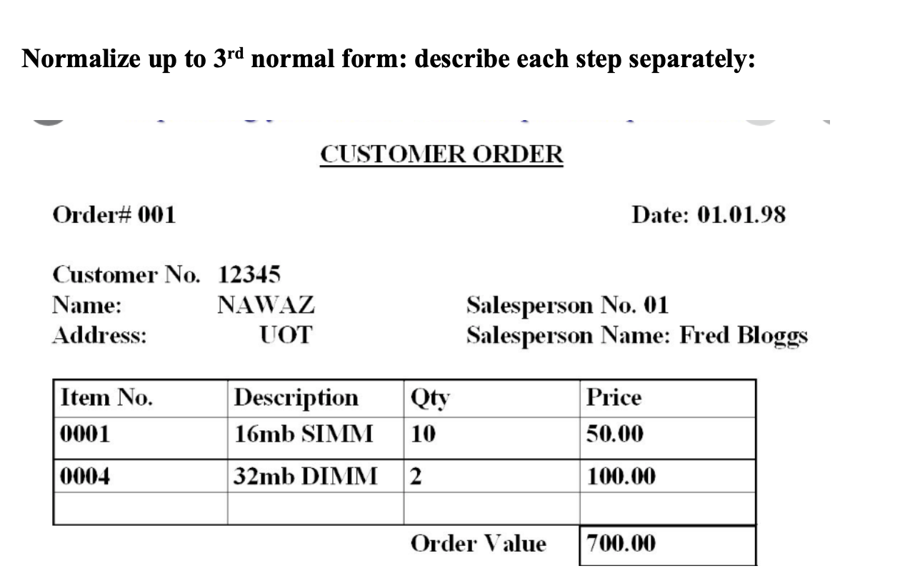 Normalize up to 3rd normal form: describe each step | Chegg.com