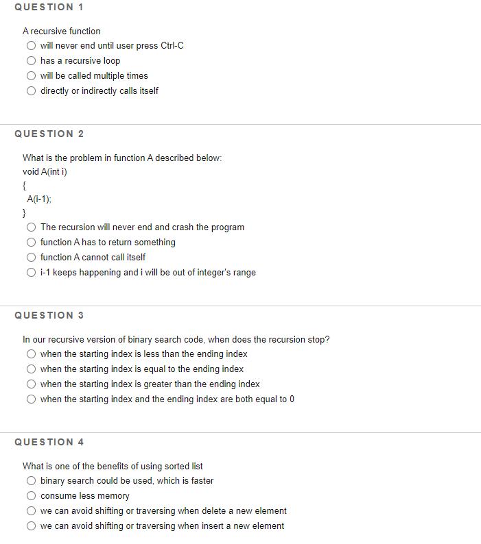 Solved QUESTION 1 A recursive function will never end until | Chegg.com