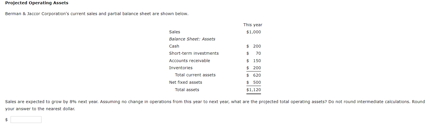 Solved Projected Operating Assets Berman \& Jaccor | Chegg.com