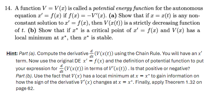 Solved A function V=V(x) ﻿is called a potential energy | Chegg.com