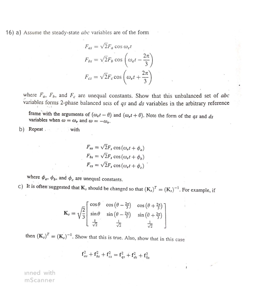 Solved 16) a) Assume the steady-state abc variables are of | Chegg.com