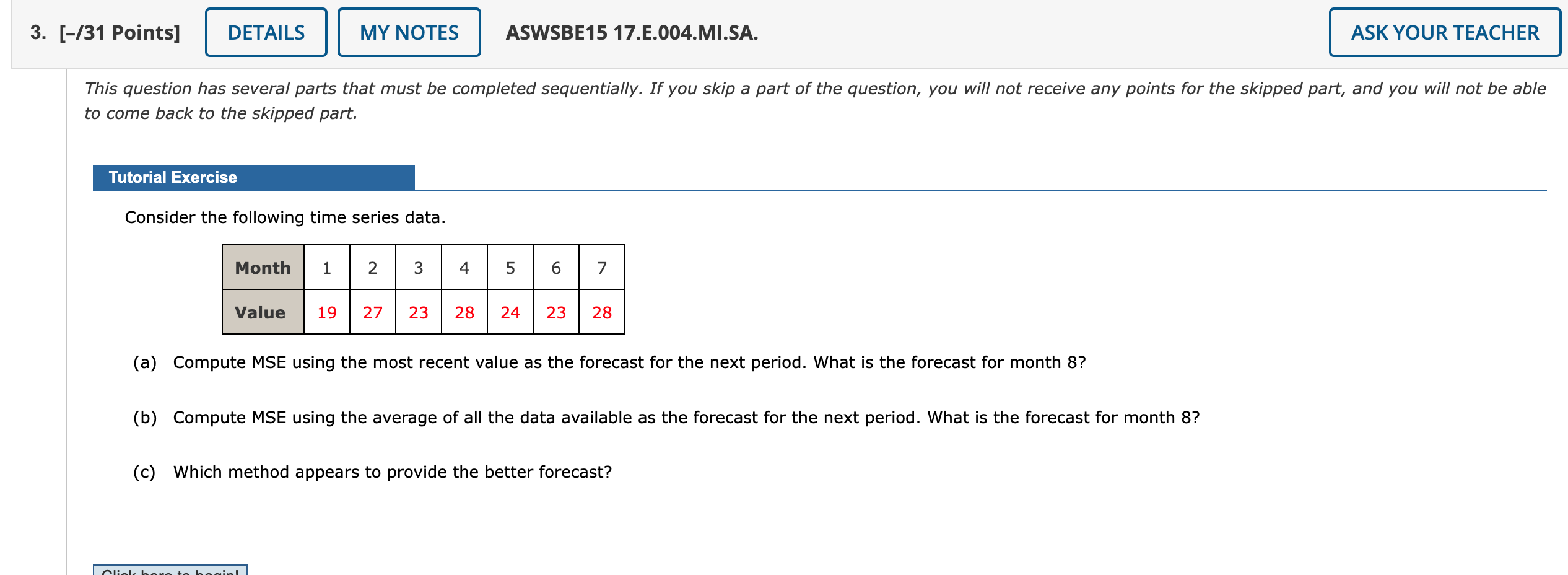 Solved Tutorial Exercise Consider the following time series | Chegg.com