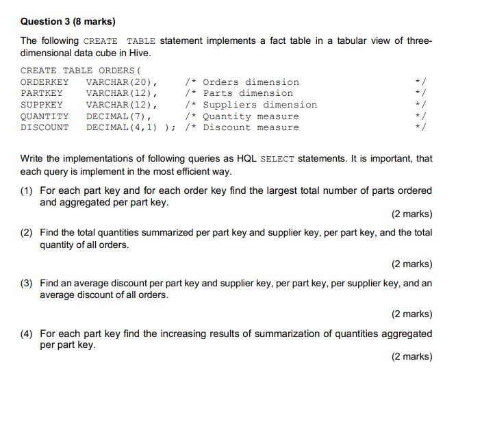 Solved Question 3 (8 marks) The following CREATE TABLE | Chegg.com