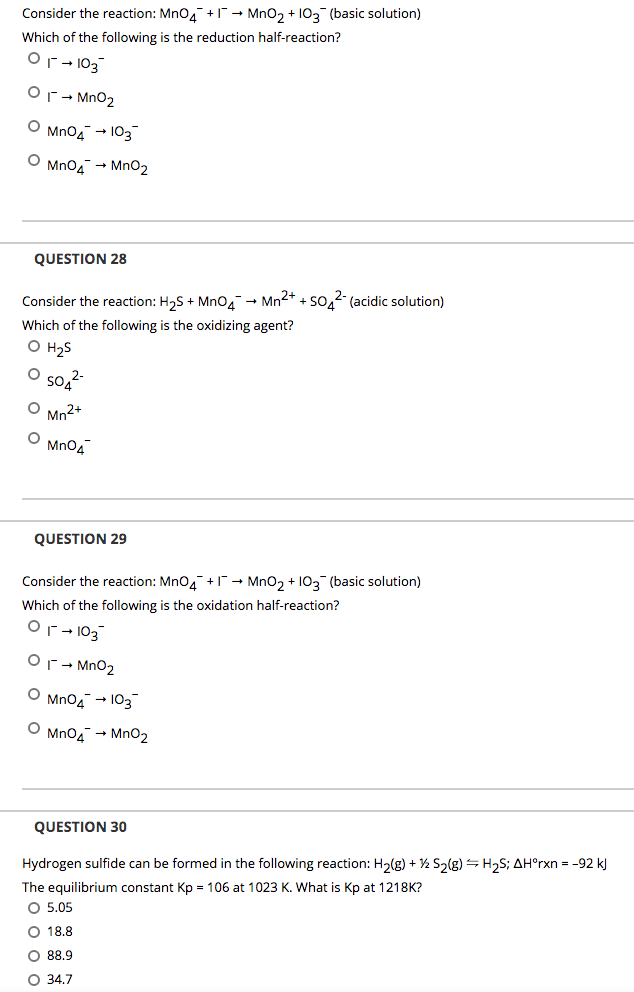 Solved Consider the reaction: MnO4+1MnO2 +103 (basic | Chegg.com