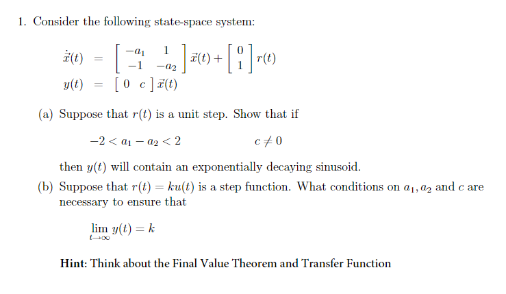 Solved Consider the following state-space | Chegg.com