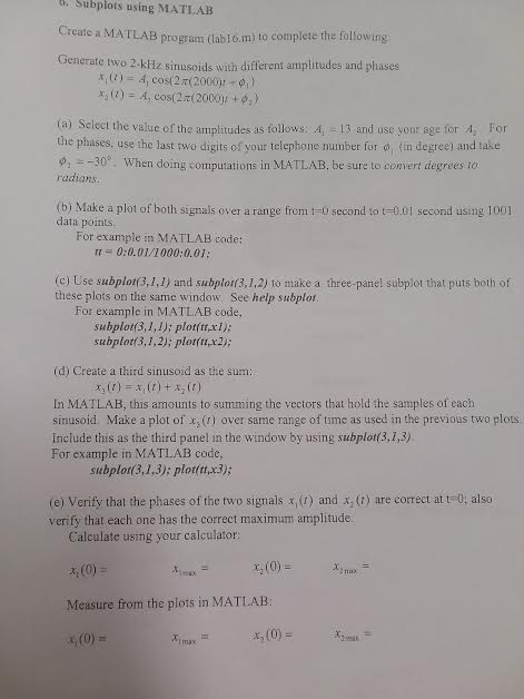 Solved Subplots Using Matlab Create A Matlab Program Labtm 7967