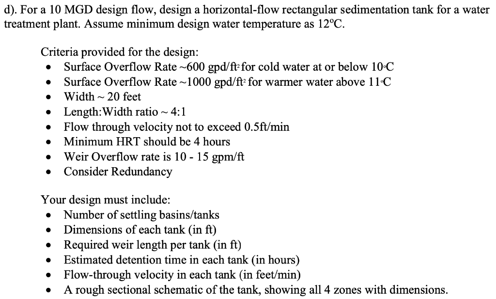 d). For a 10 MGD design flow, design a | Chegg.com