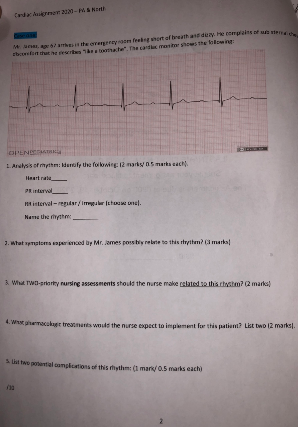 Solved Cardiac Assignment 2020 - PA & North Case one Mr. | Chegg.com