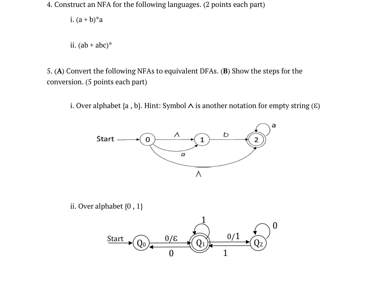 Solved 4. Construct an NFA for the following languages. (2 | Chegg.com