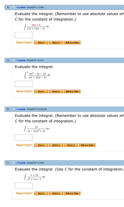 Solved -1 points SCalcET8 7.4.009 Evaluate the integral. | Chegg.com