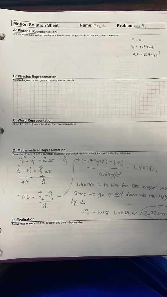 Solved Motion Solution Sheet Name: Ark. Problem: A4 A: | Chegg.com