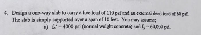 Solved Design a one-way slab to carry a live load of 110 psf | Chegg.com