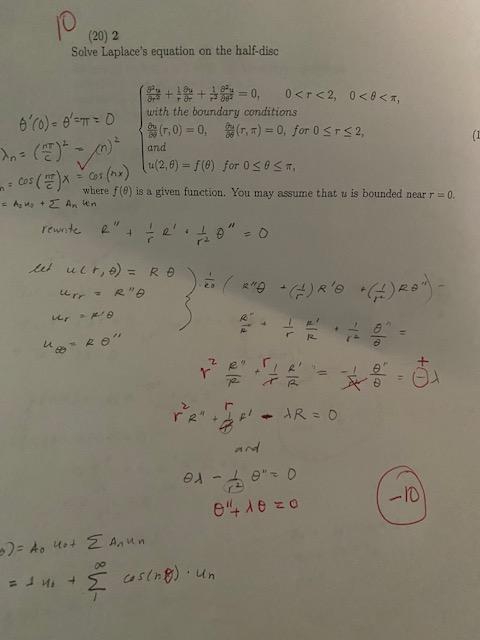 Solved (20) 2 Solve Laplace's equation on the half-disc | Chegg.com