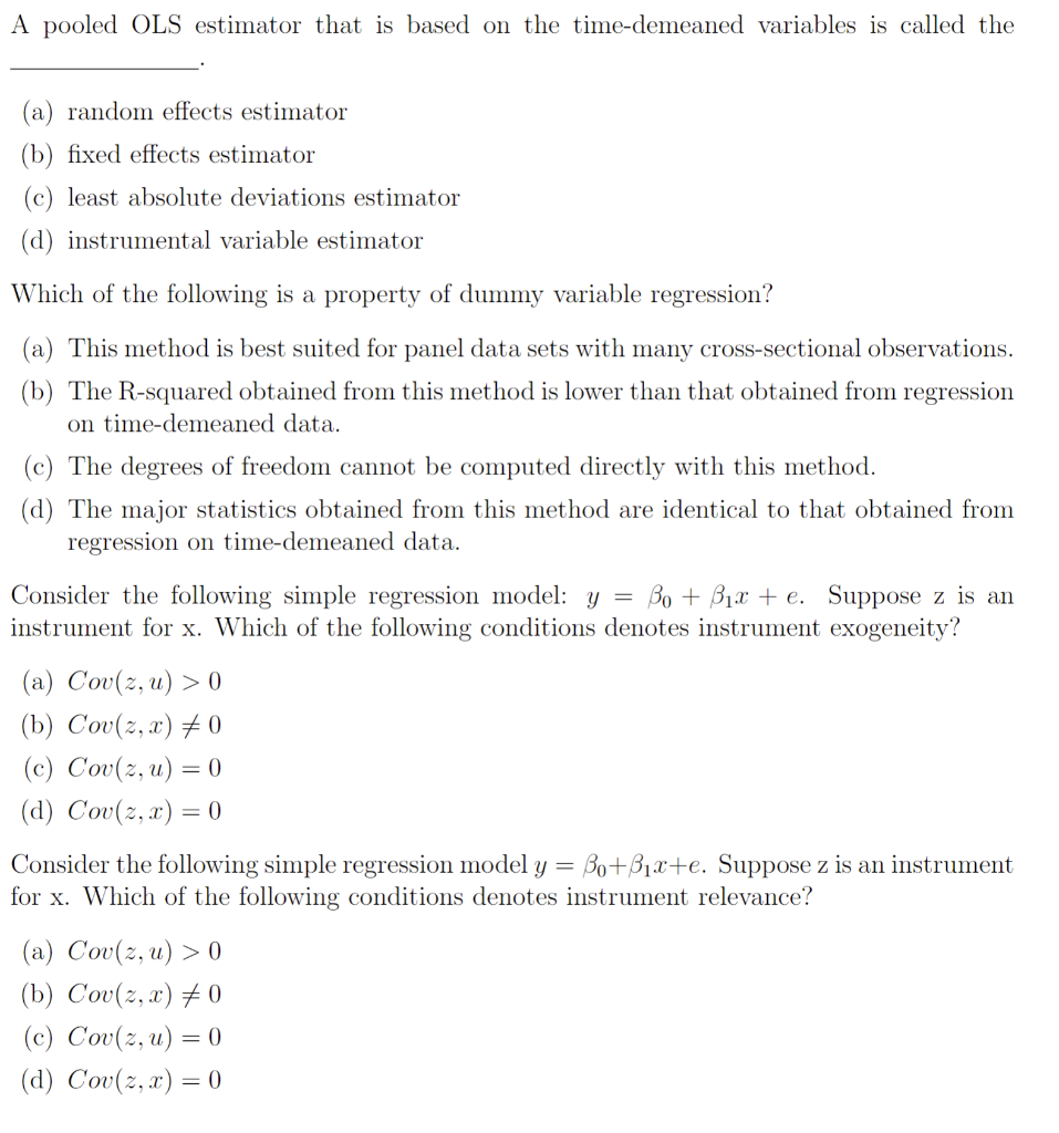 Solved A pooled OLS estimator that is based on the | Chegg.com Solved A pooled OLS estimator that is based on the | Chegg.com