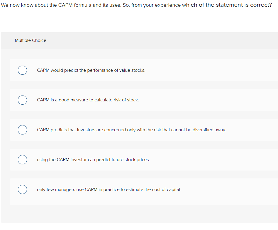 Solved We now know about the CAPM formula and its uses. So, | Chegg.com