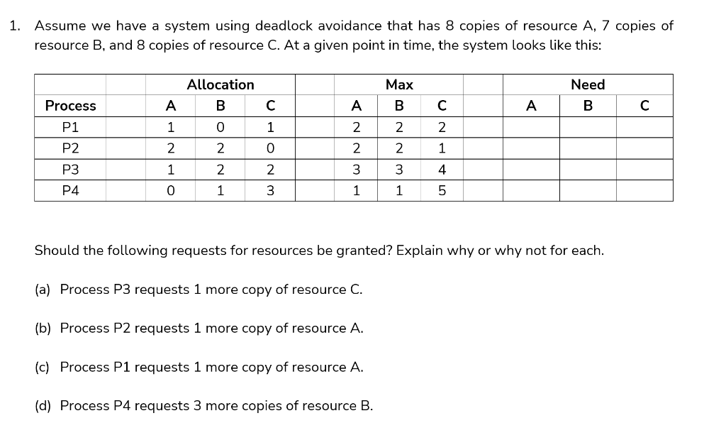 Solved 1. Assume we have a system using deadlock avoidance | Chegg.com