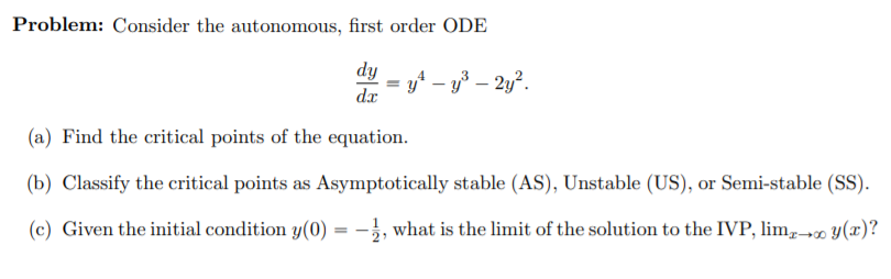Solved Problem: Consider the autonomous, first order ODE dy | Chegg.com