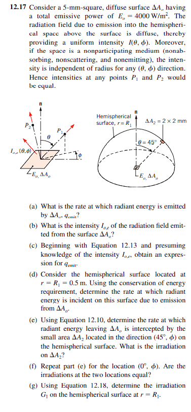 Solved 12.17 Consider a 5 -mm-square, diffuse surface ΔAo | Chegg.com