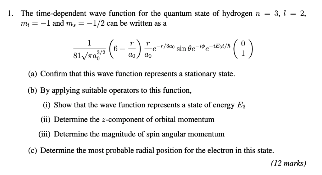 Solved 1 The Time Dependent Wave Function For The Quantum