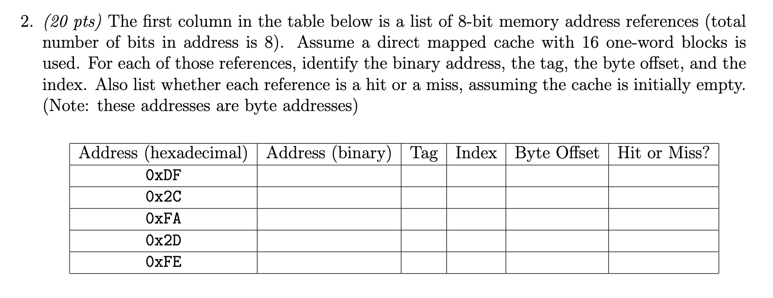 2. (20 pts) The first column in the table below is a | Chegg.com