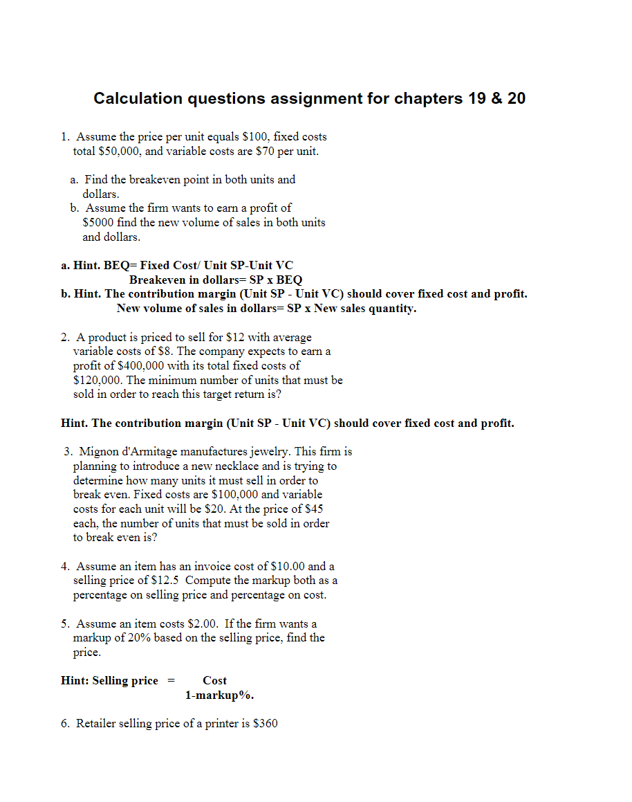 Solved Calculation questions assignment for chapters 19&20 | Chegg.com