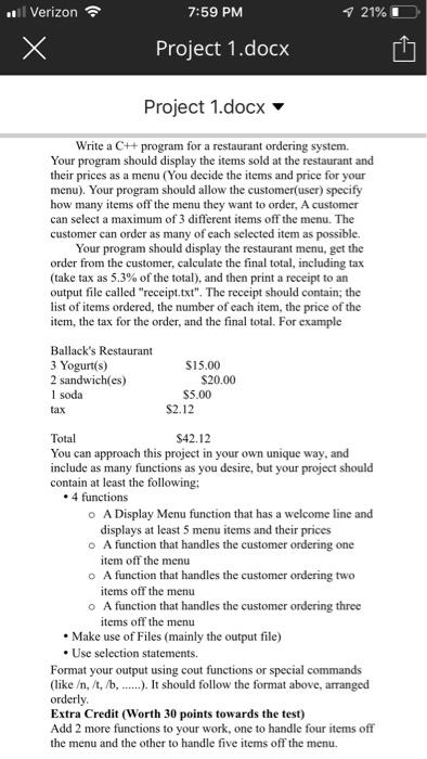 Solved 7:59 PM ·'11 Verizon令 Project 1.docx Project 1.docx | Chegg.com
