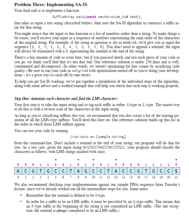 Problem Three: Implementing SA-IS Your final task is | Chegg.com