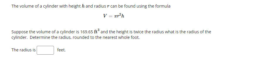 Solved The volume of a cylinder with height h ﻿and radius r | Chegg.com